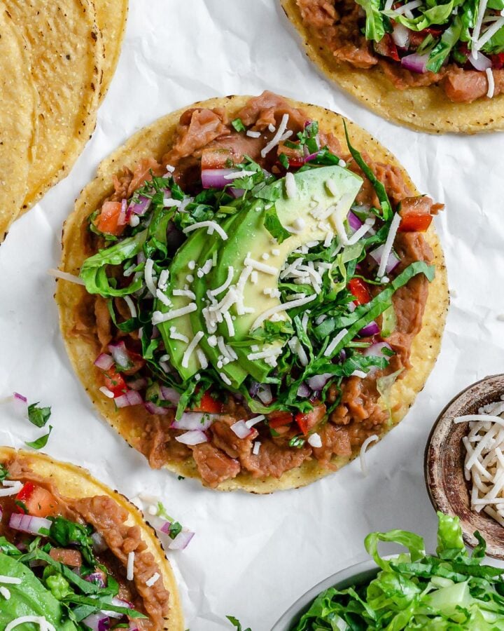 Easy Avocado and Refried Bean Tostadas - Food Sharing Vegan